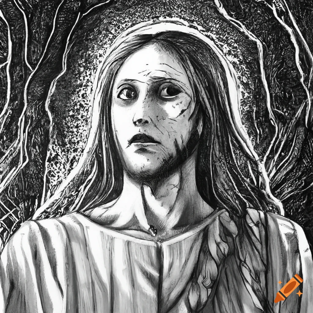 Artistic depiction of jesus in horror manga style ink drawing on Craiyon