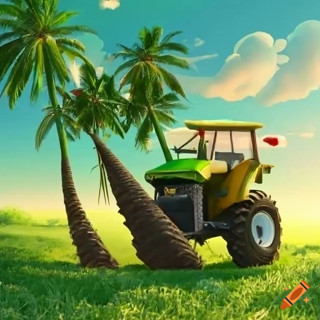 Palm tree seeds being transported in a jungle with a palm tractor on ...