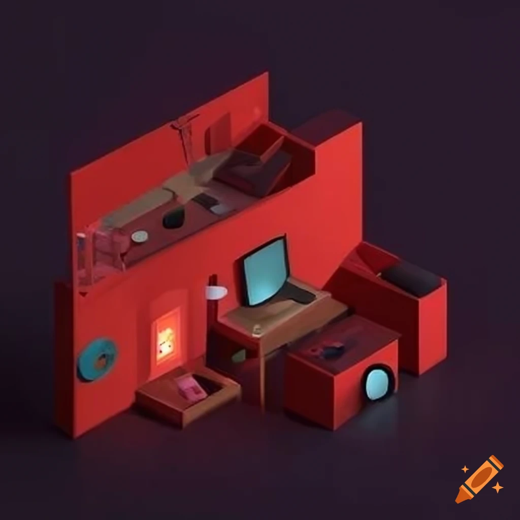 Cozy isometric cube room in earthtone red with beat machine on Craiyon