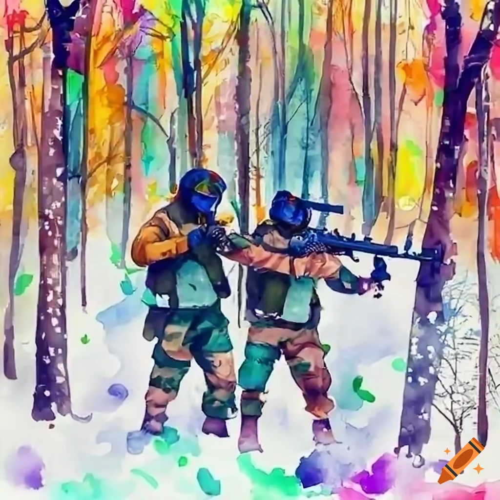 Friends playing military airsoft in a winter forest on Craiyon