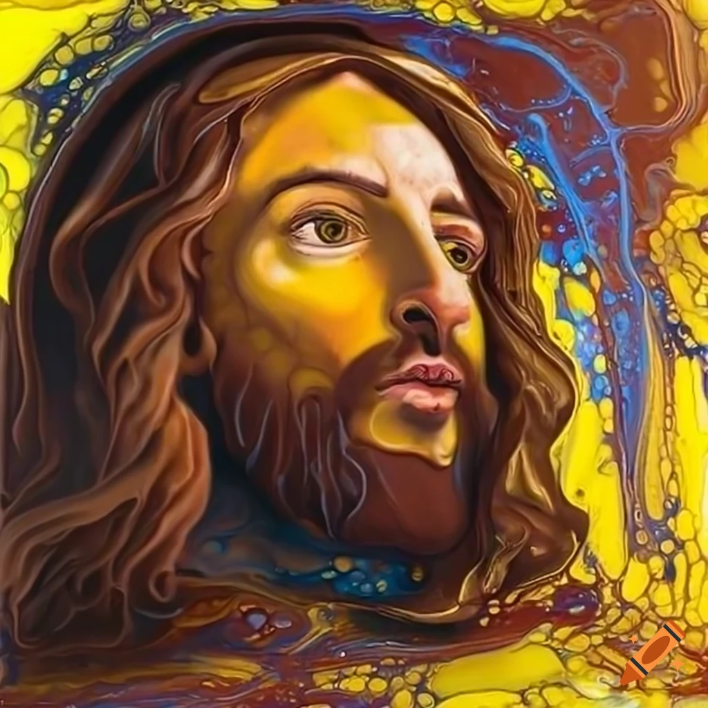 Jesus teaching with yellow and brown acrylic pour on Craiyon