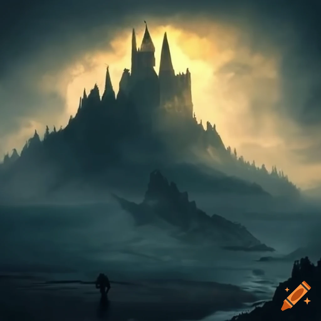 Sinister castle by a river with a giant mountain in the background on ...