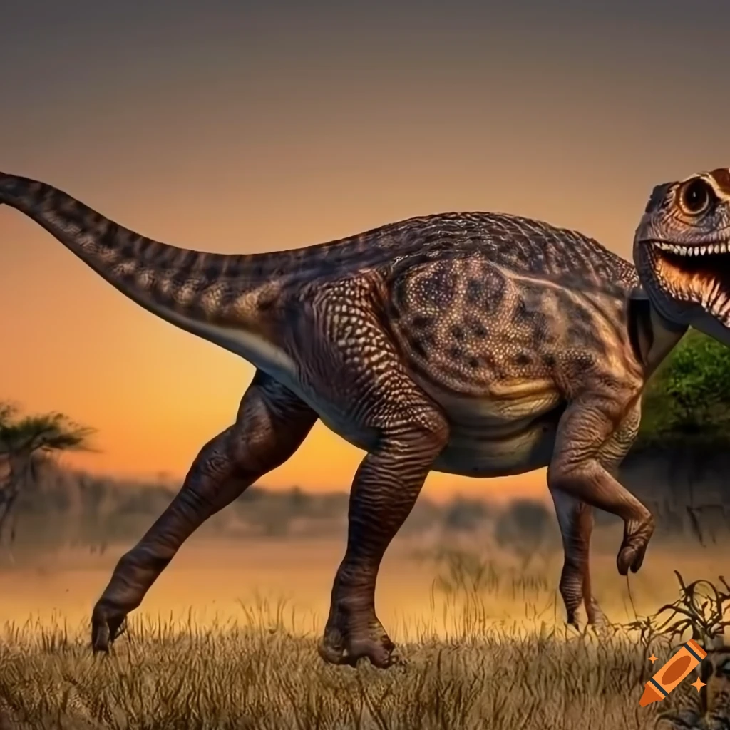 Hefty hadrosaurus dinosaur with intricate color pattern in warm morning ...