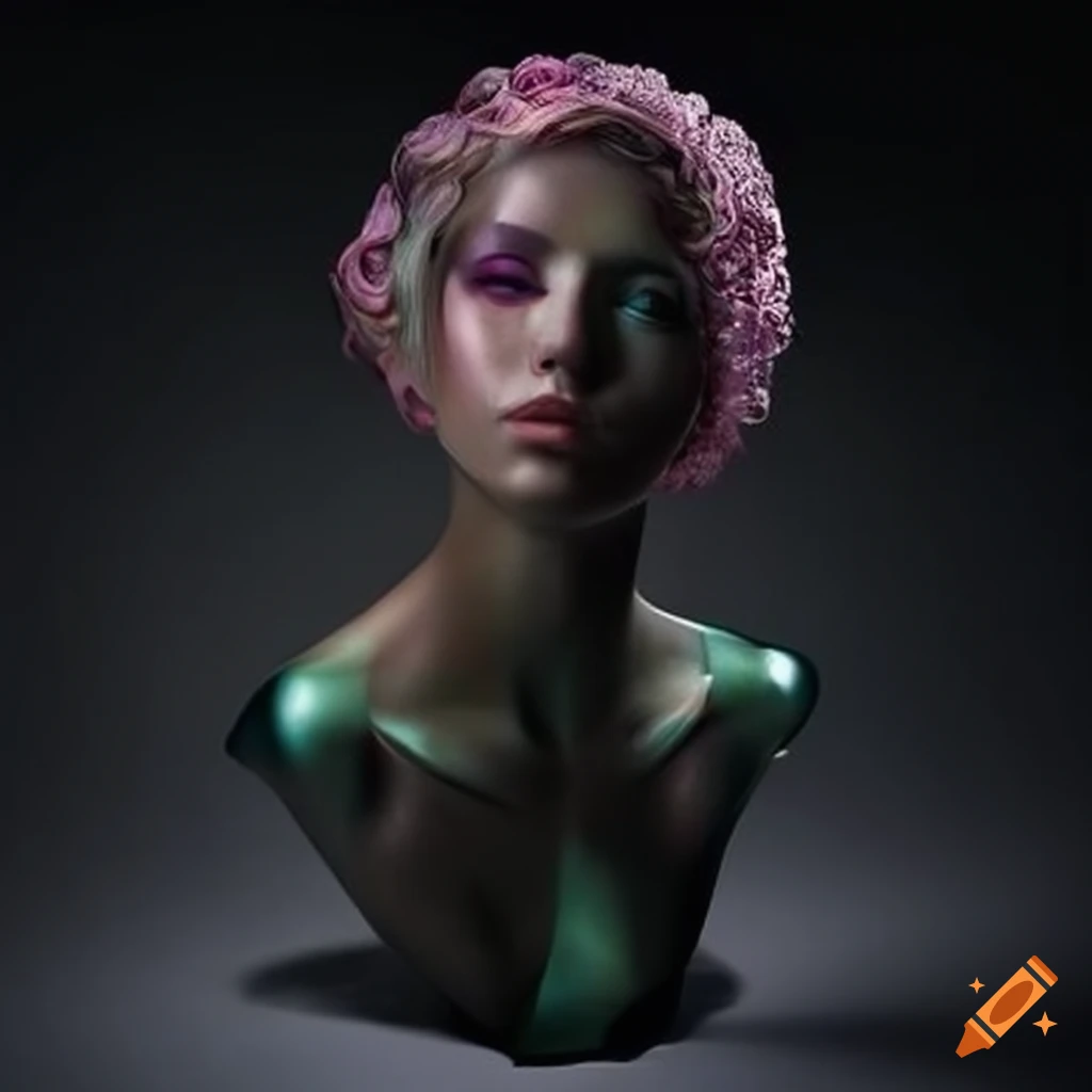 Unusual female bust made of mirror pieces in a dreamy setting on Craiyon