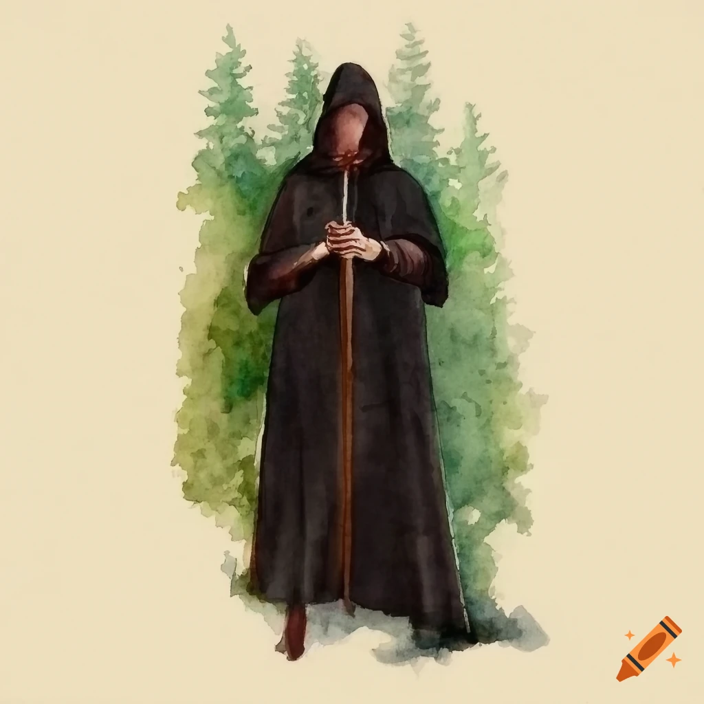 Medieval man in black cloak holding sword and dagger in pine forest on ...
