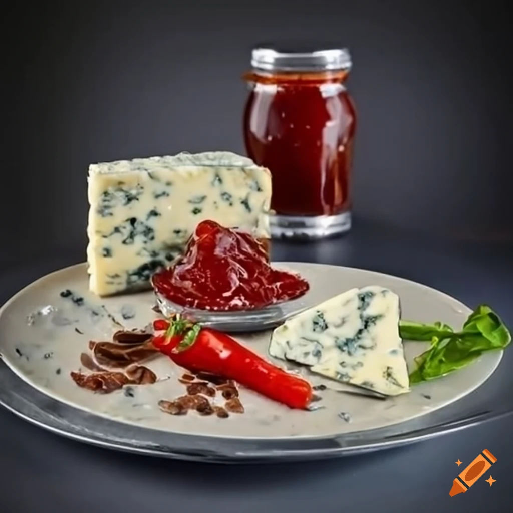 Roquefort blue cheese platter with chili jam and pepper on Craiyon