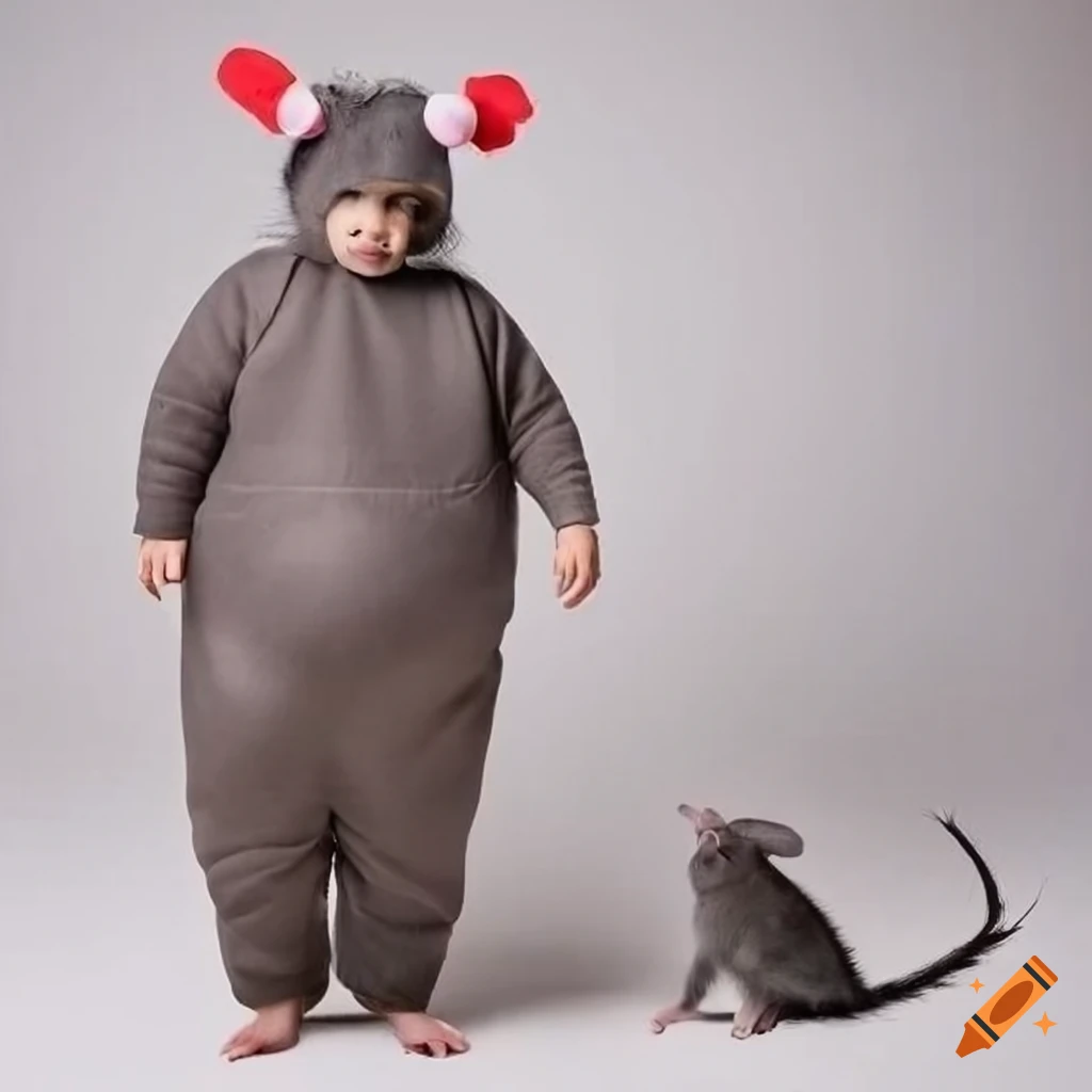 Kid in a gray rat costume with a remy snout-shaped headdress on Craiyon