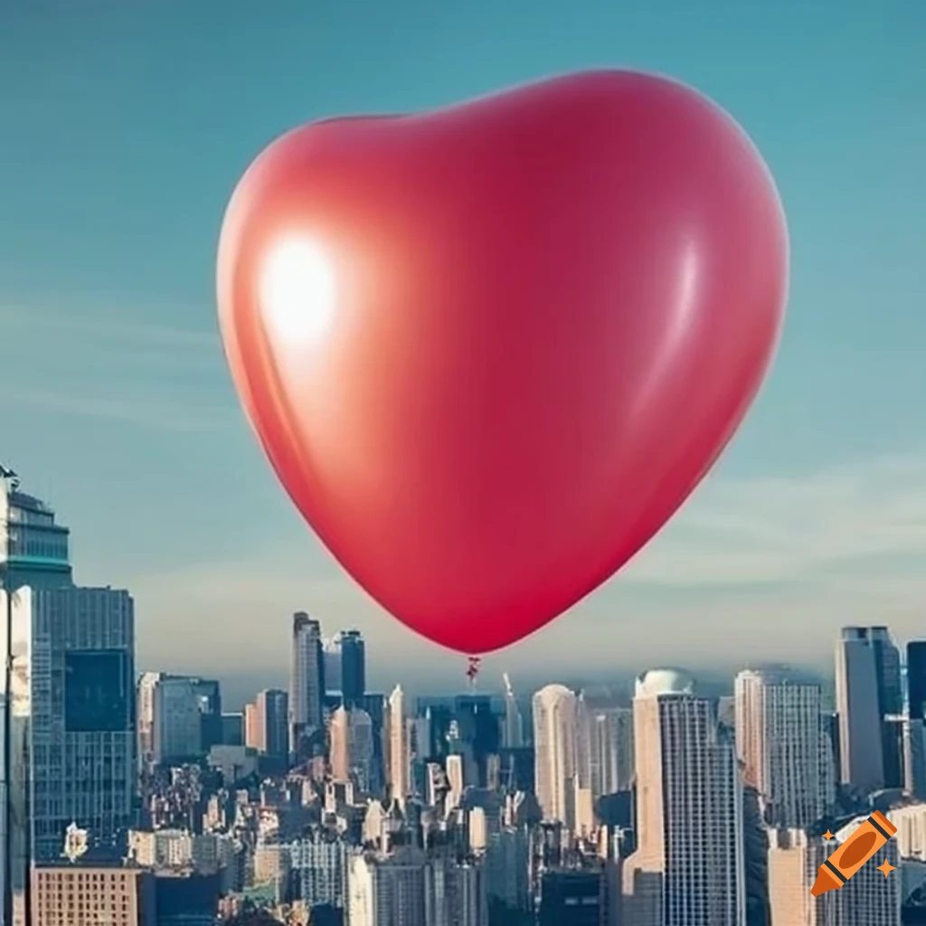 Giant latex heart balloon hovering above a cityscape on Craiyon
