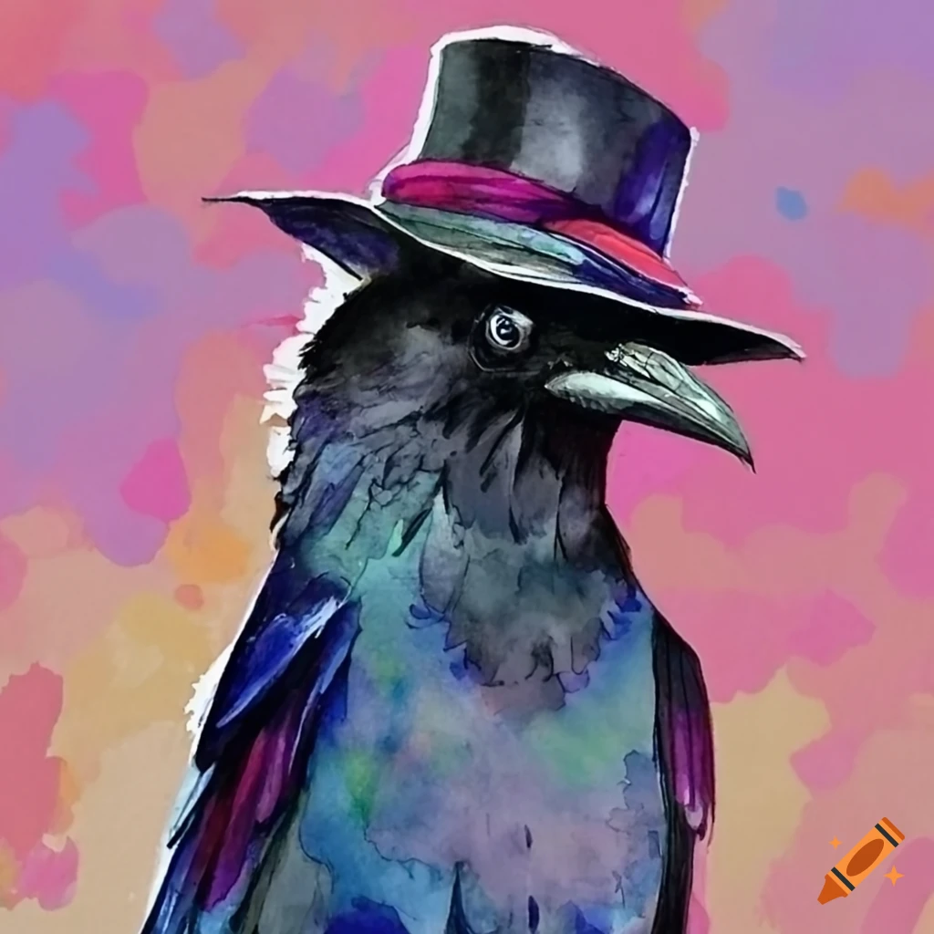 Colorful watercolor painting of a crow wearing a hat on Craiyon