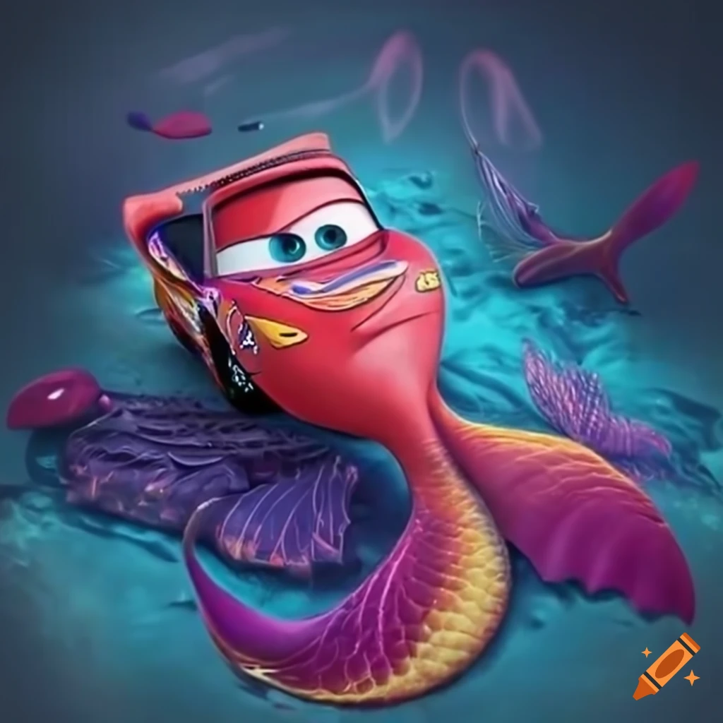 Cartoon character Lightning McQueen as a mermaid with fish tail on Craiyon