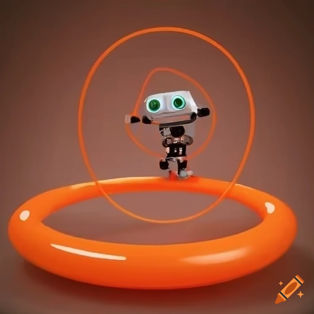 Two robots playing with a thick orange hula hoop on Craiyon