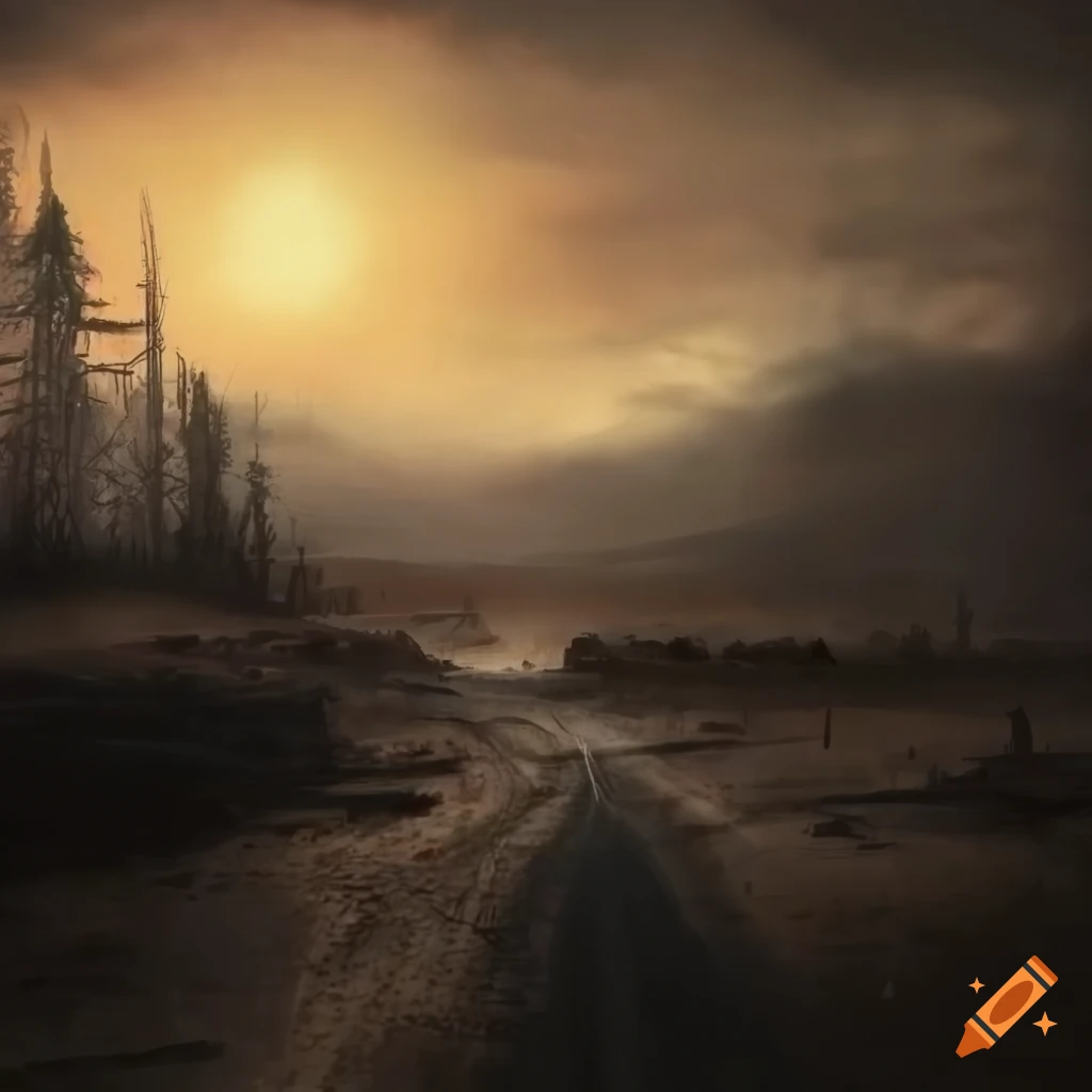 Post-apocalyptic barren landscape with a road on Craiyon