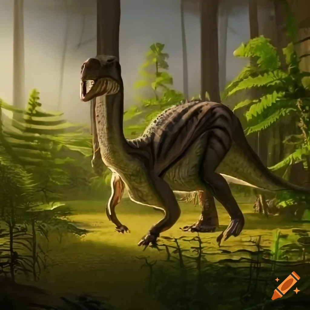 Striped hadrosaurus dinosaurs in a prehistoric plain landscape with ...