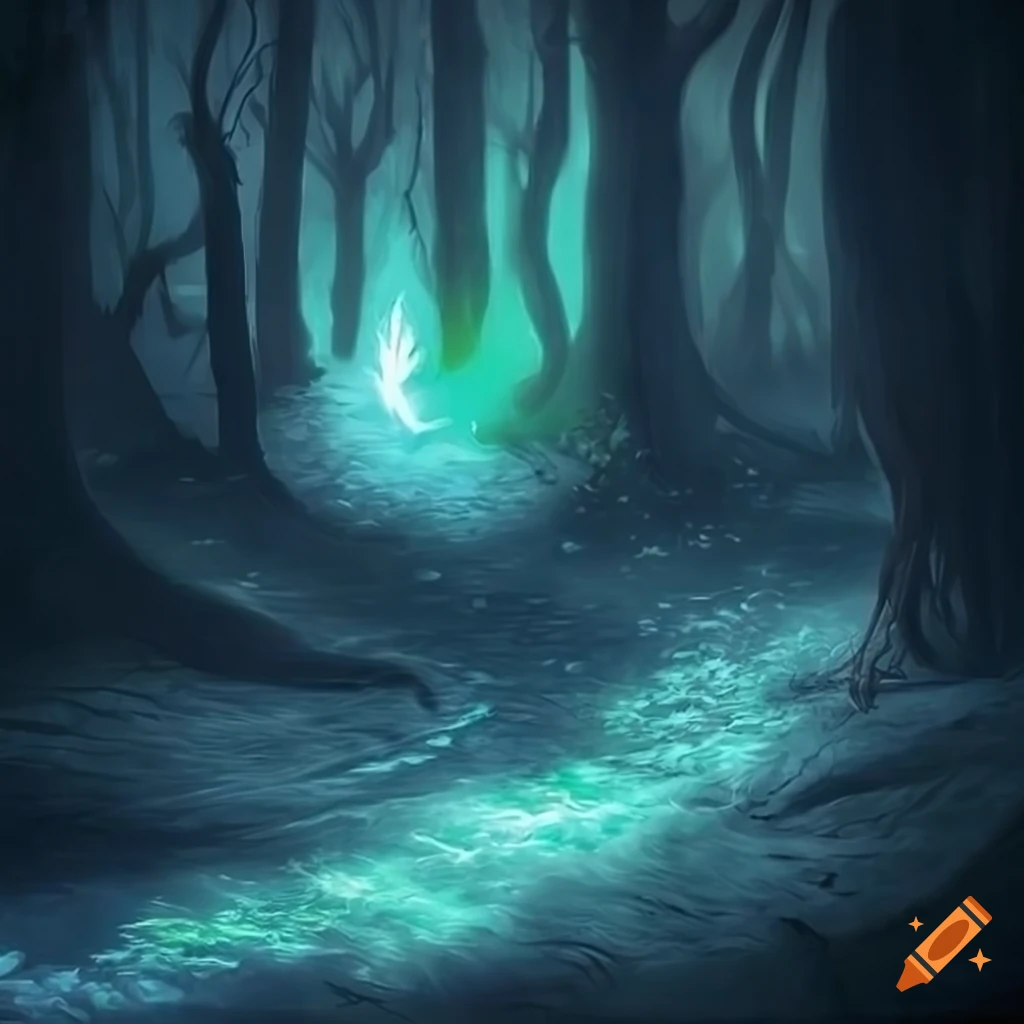 Illustration of a will-o'-the-wisp in an enchanted forest with rolling ...