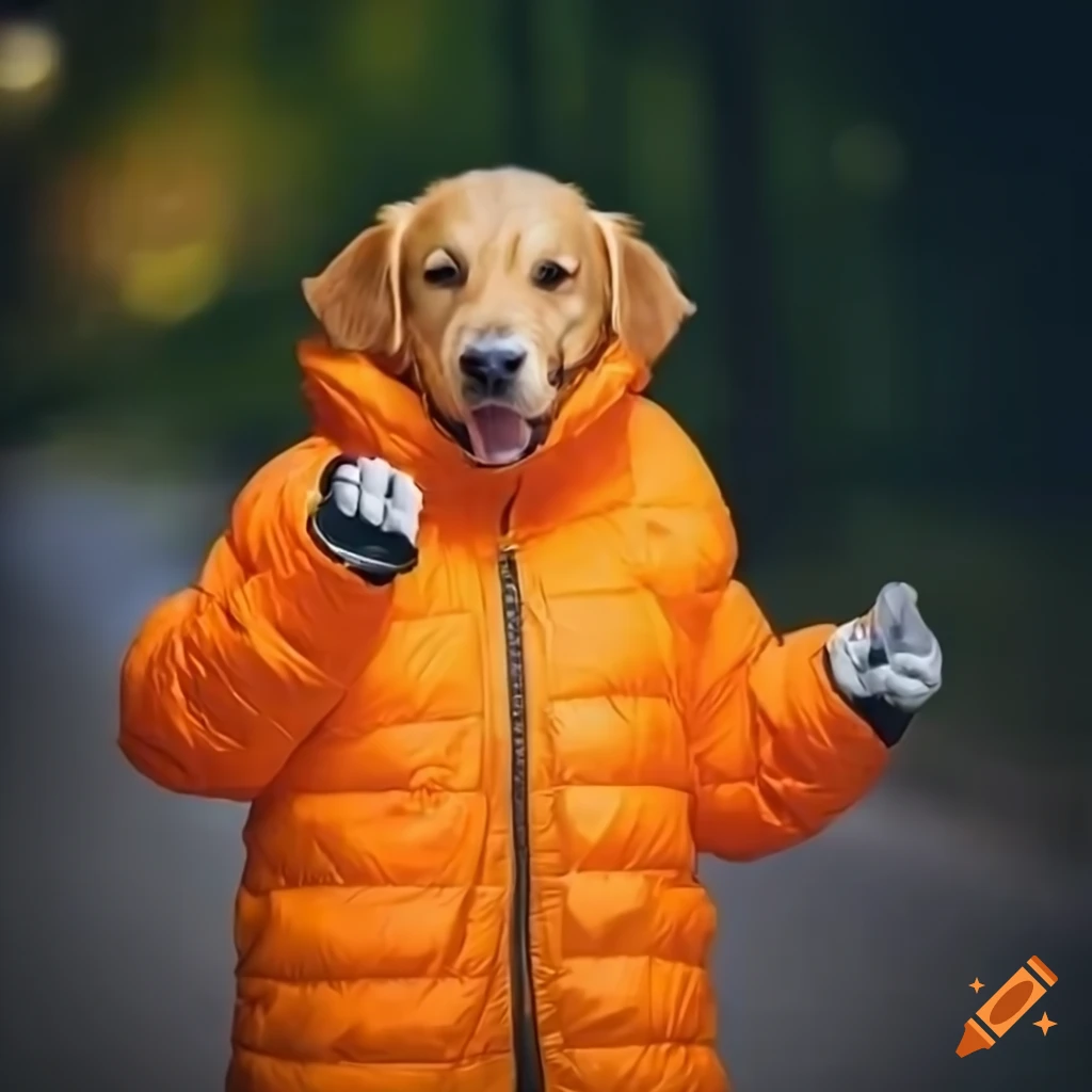 Golden retriever humanoid standing in an orange puffer jacket on Craiyon