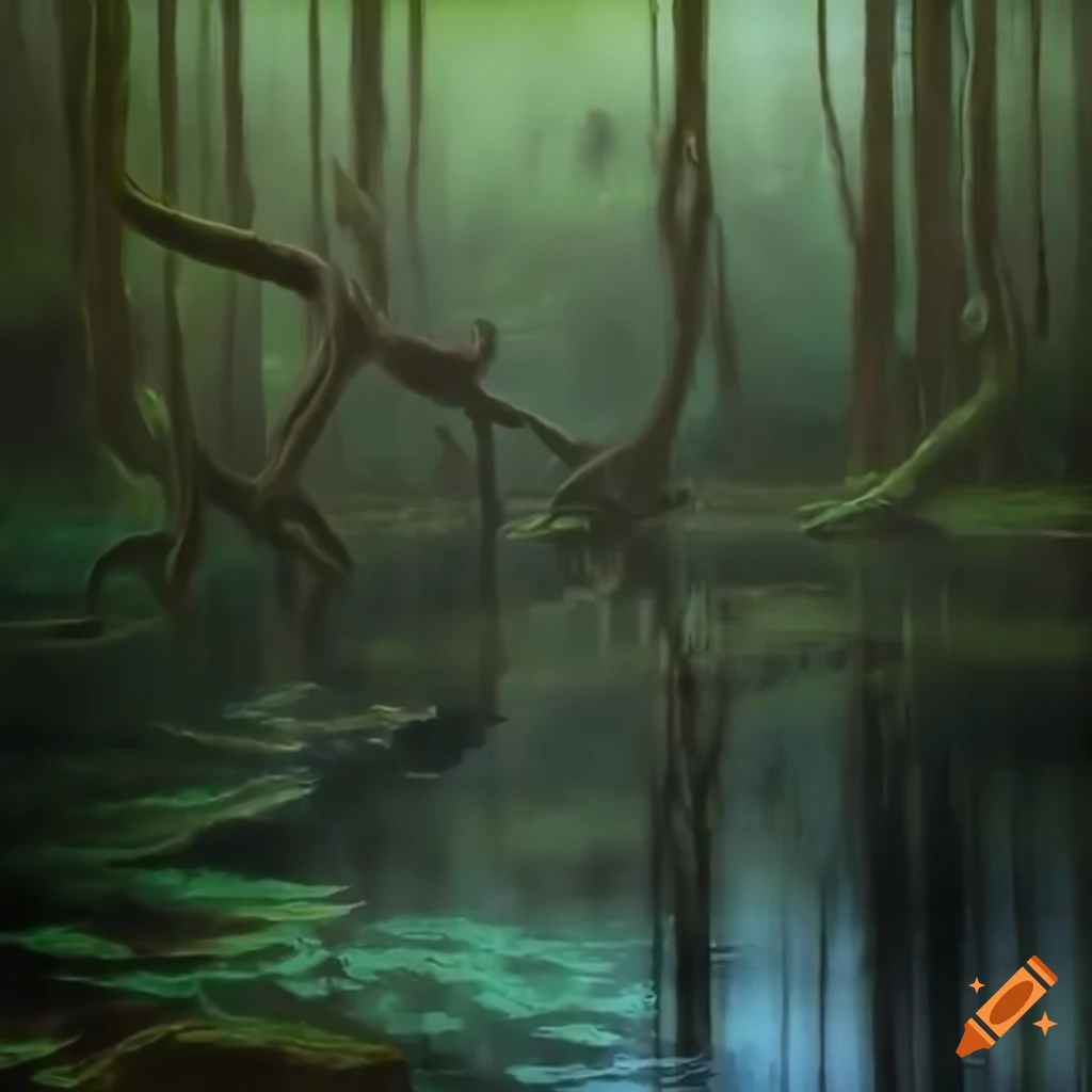 Enchanted saltwater mountain lake surrounded by eerie forest at golden ...