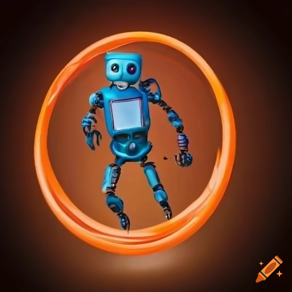 Robot playing with orange hula hoop with music notes in the background ...