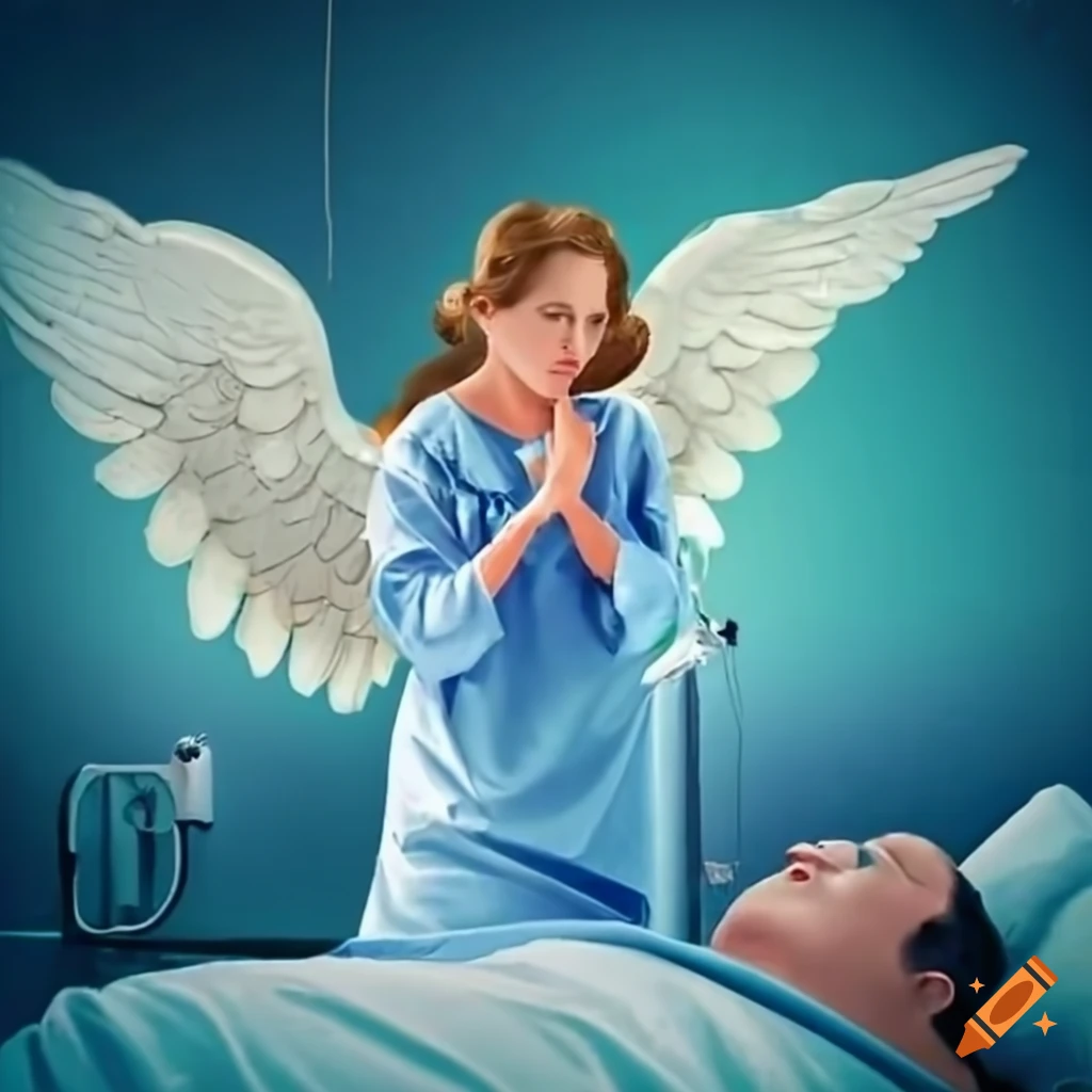 Angel watching over a patient receiving medical care from a doctor on ...