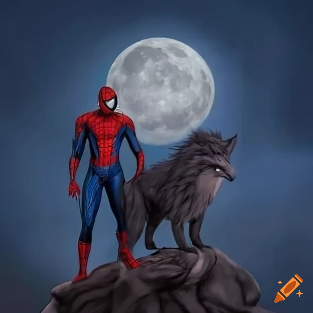 Spiderman with a wolf under a beautiful full moon on Craiyon
