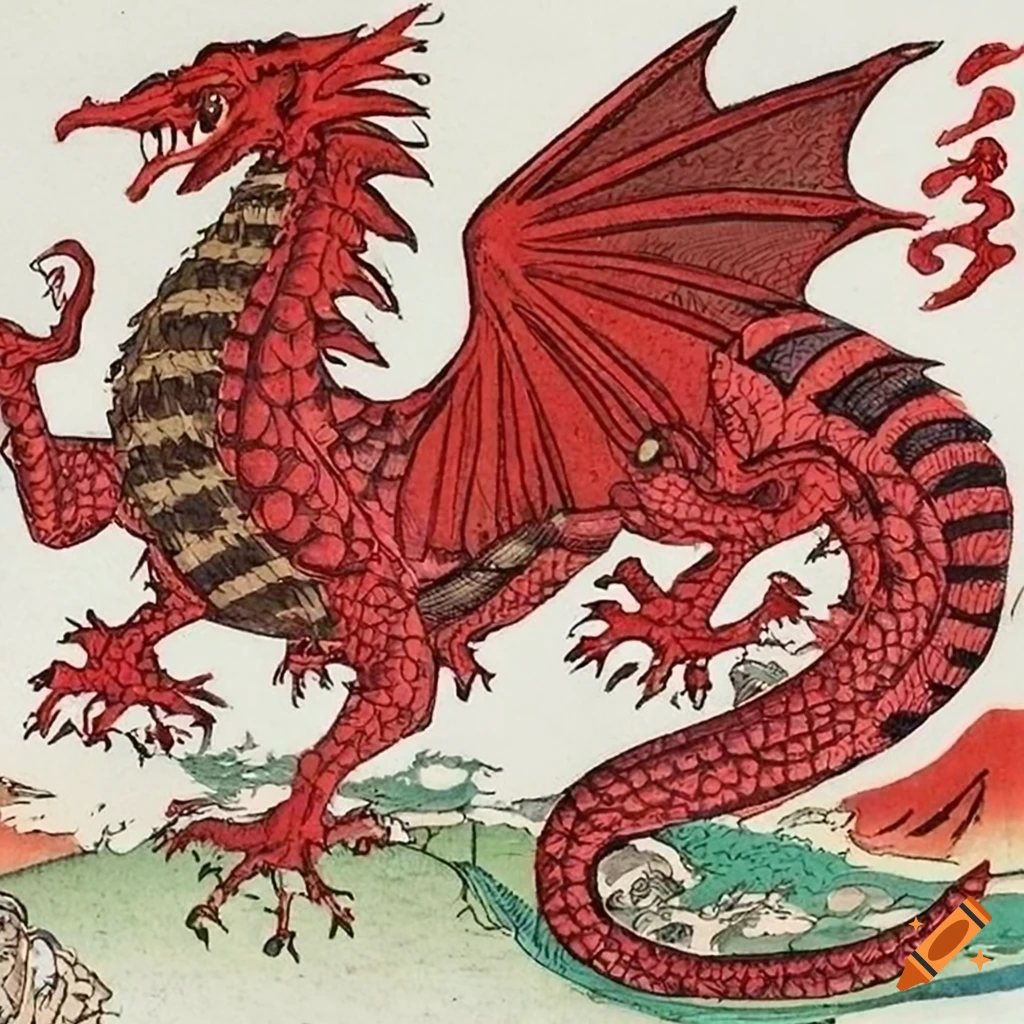 Red welsh dragon in ukiyo-e style on Craiyon