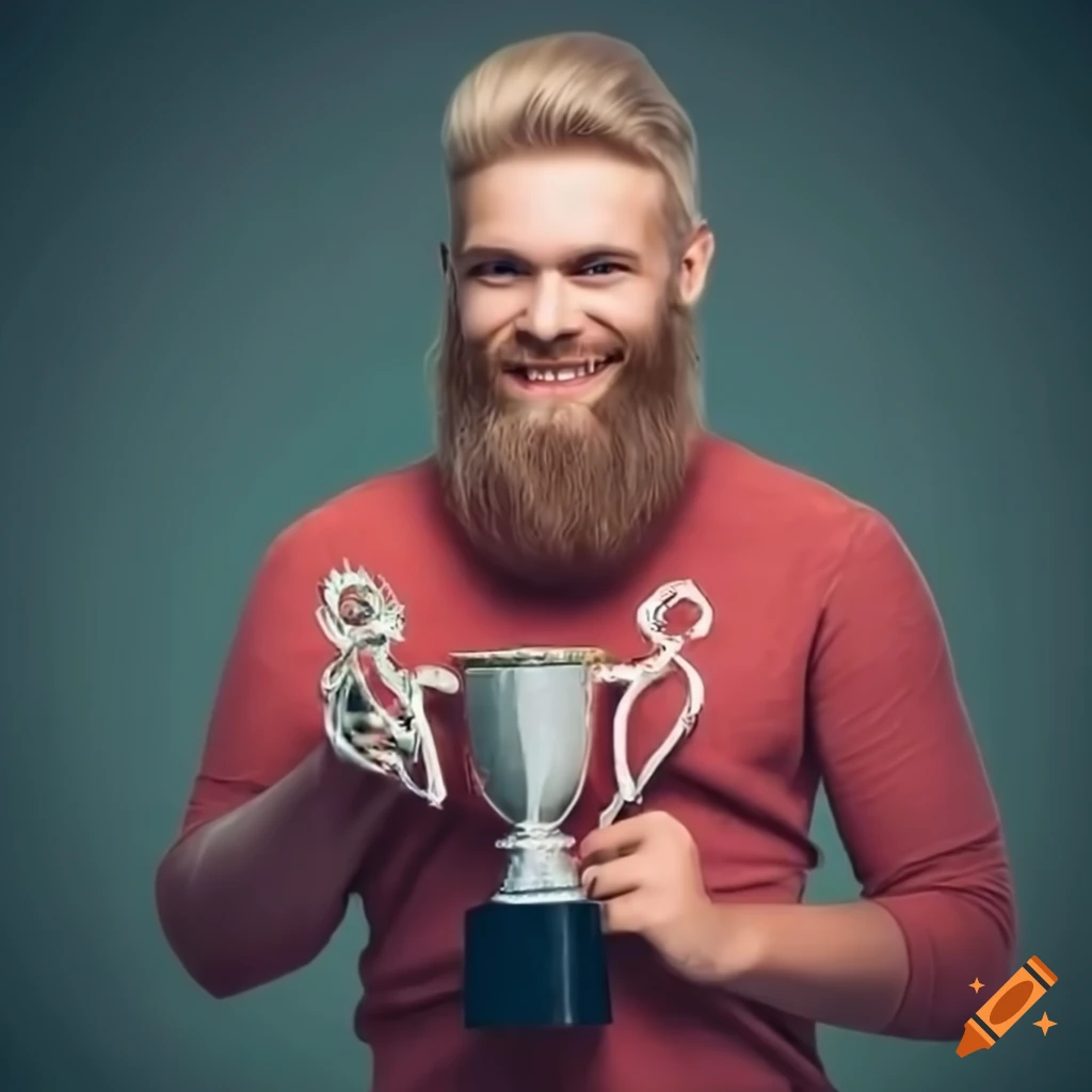 Smiling blonde man with a beard holding a trophy on Craiyon