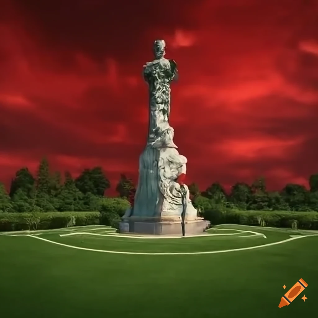 Monument in a green garden under a blood red sky on Craiyon