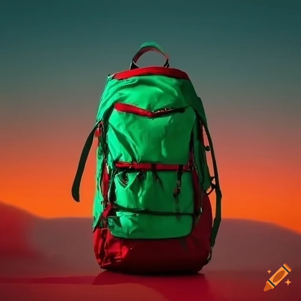Red-green backpack in front of a mountain panorama on Craiyon