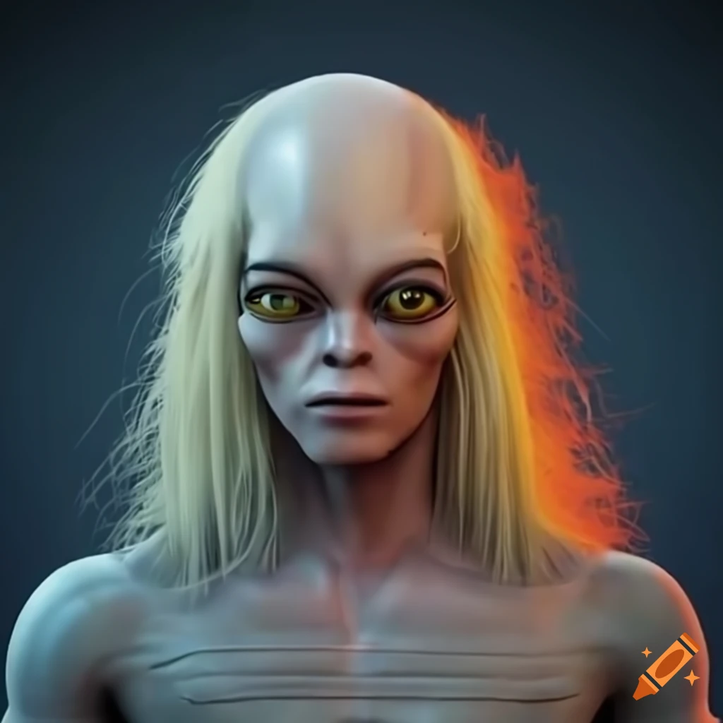 Cgi alien character with blonde hair and a 'raxphorg' t-shirt on Craiyon