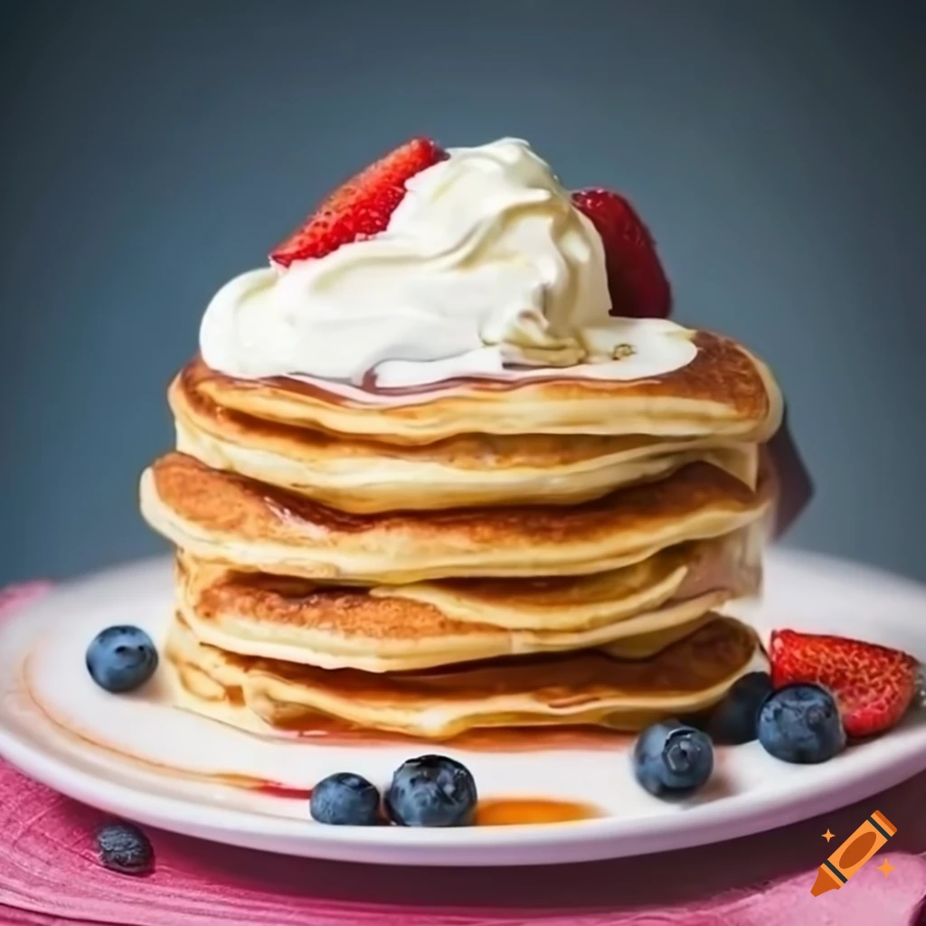 Fluffy stack of pancakes with maple syrup, berries, and chocolate drizzle on Craiyon