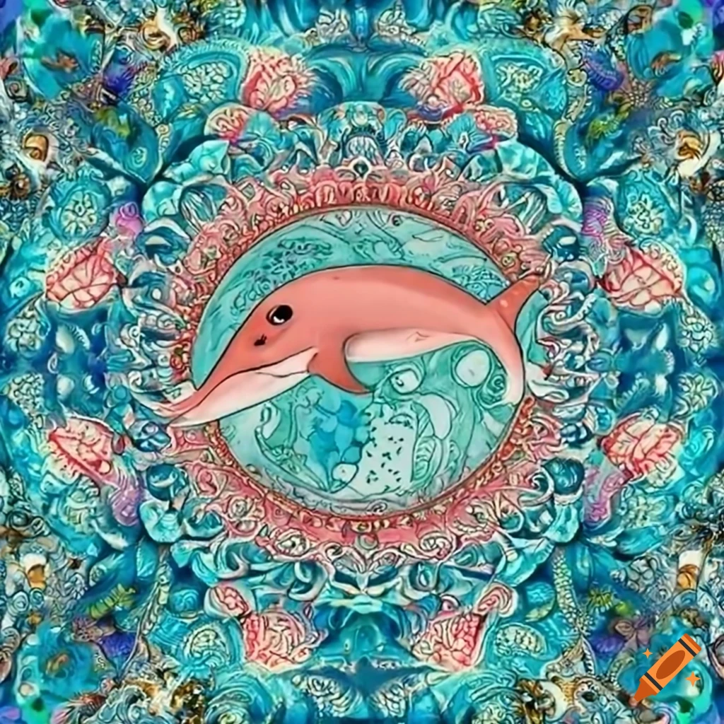 Serene underwater mandala with a peaceful dolphin at the center on Craiyon