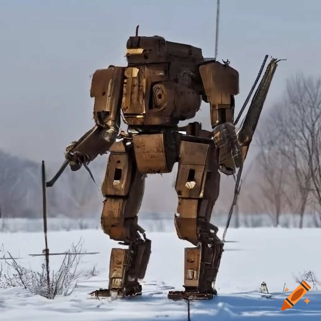 Menacing brown mech made of scrap standing in a snowy field on Craiyon