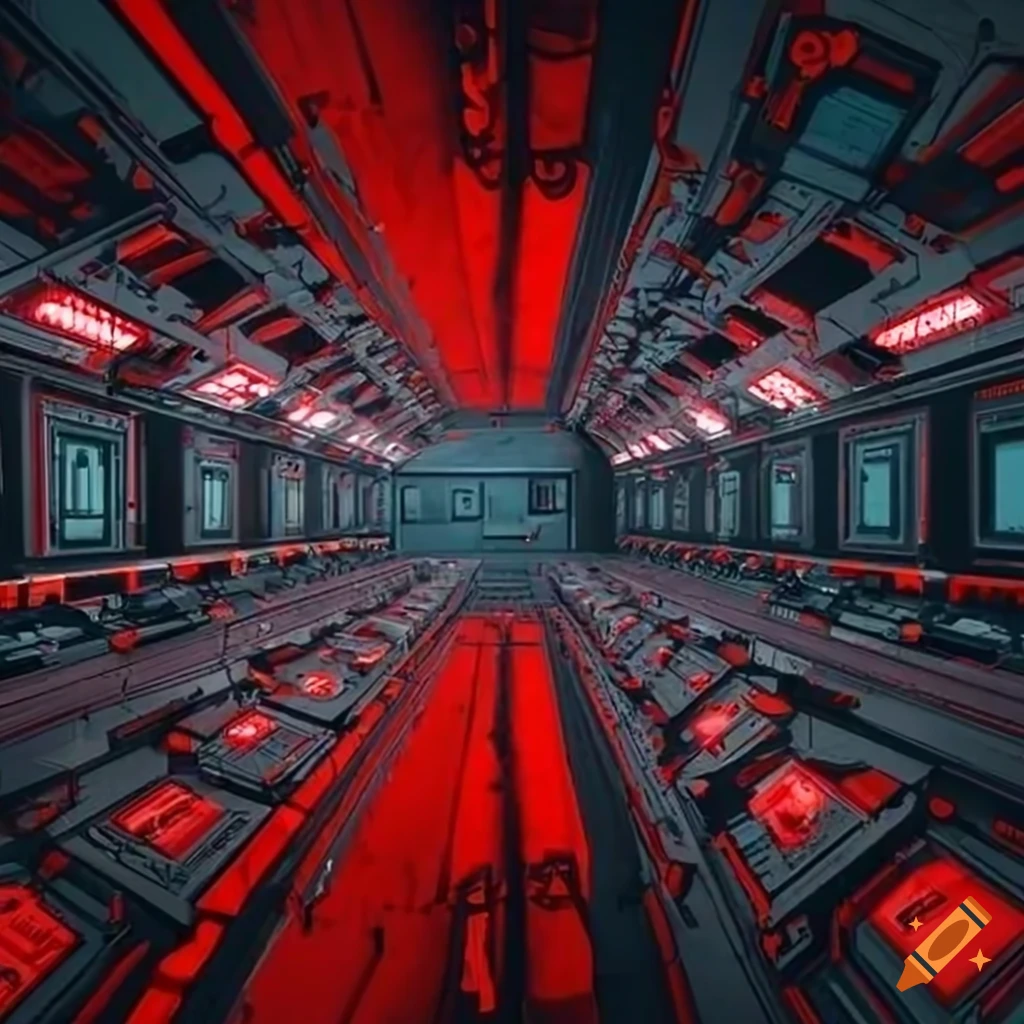 Control room in underground facility with red and dark gray hues over a ...