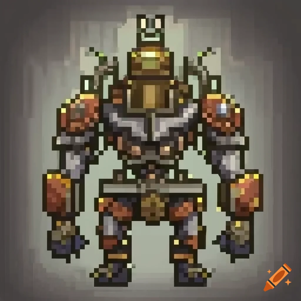 Pixel art of a steampunk mecha on Craiyon