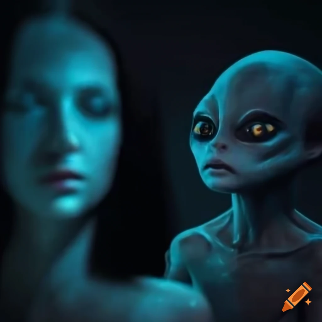 Alien standing with a human woman in a living room at night on Craiyon
