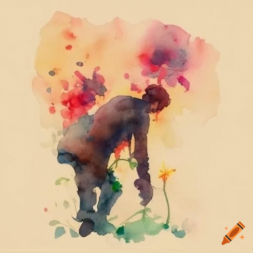 Man stomping flowers in an urban street in an impressionist watercolor ...
