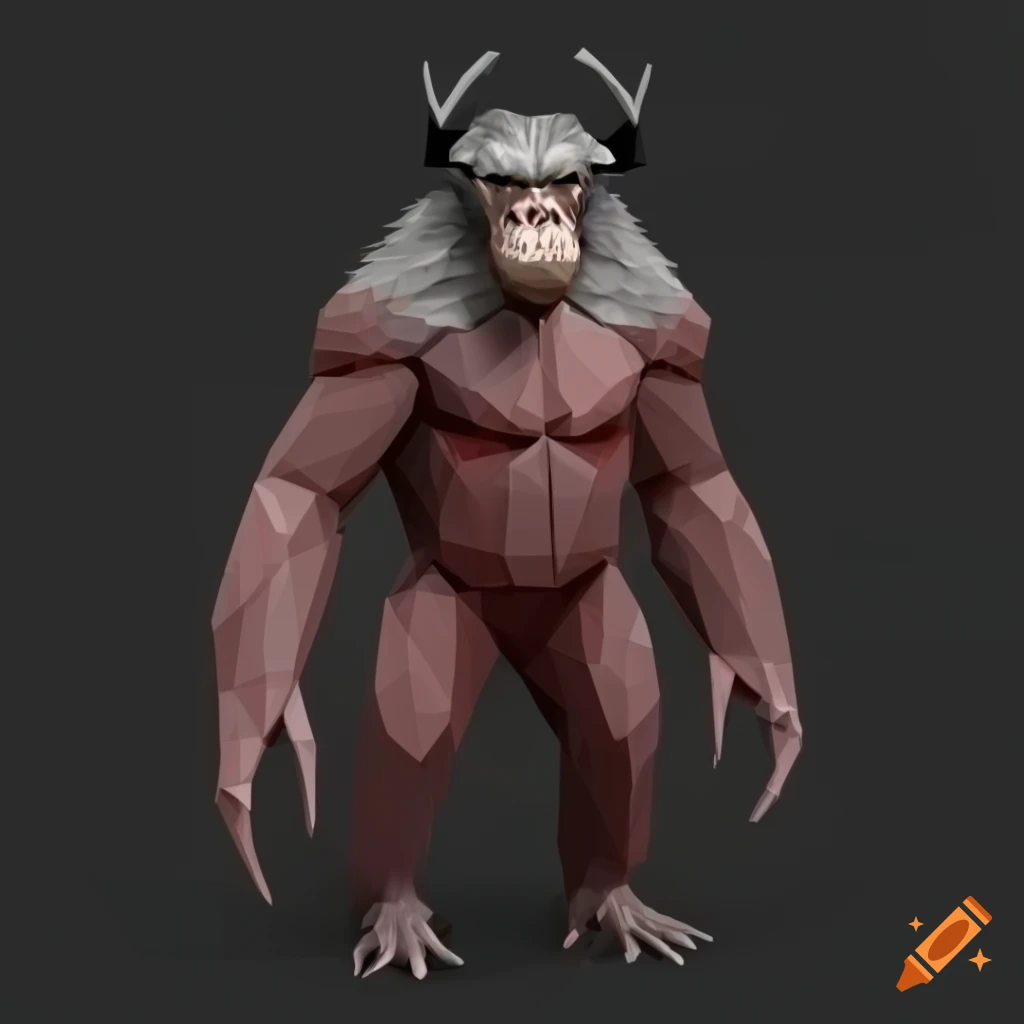 Low poly 3D model of a giant ape monster with silver fur, red eyes ...