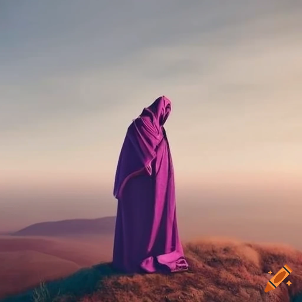 Shepard in a purple robe standing on a hill on Craiyon
