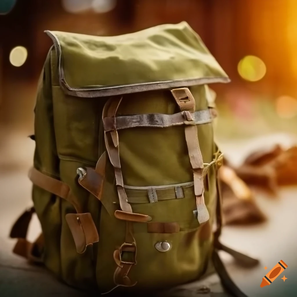 Vintage military backpack with tattered flag and dented brass bugle on ...