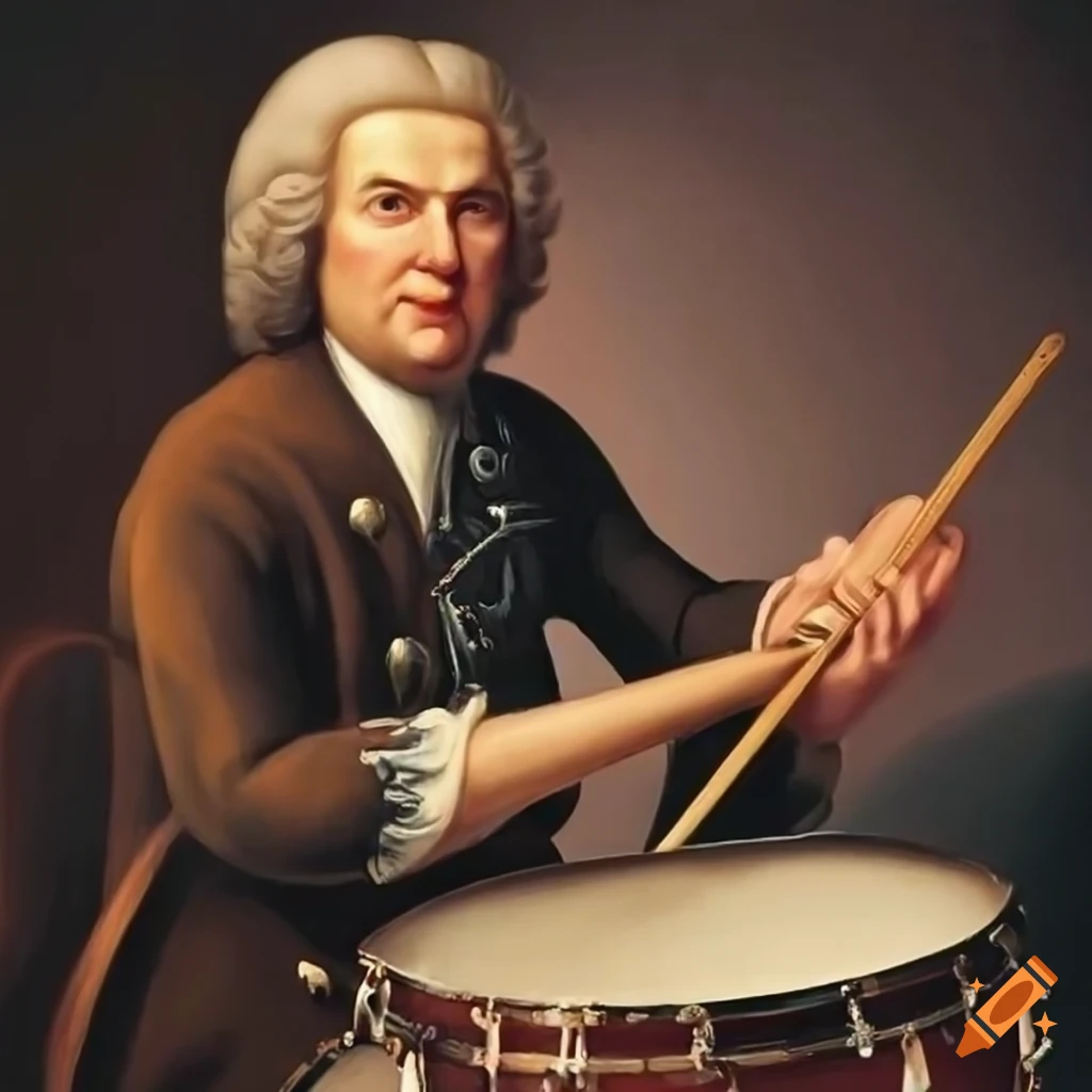 Portrait of J.S. Bach playing the drum and various instruments on Craiyon