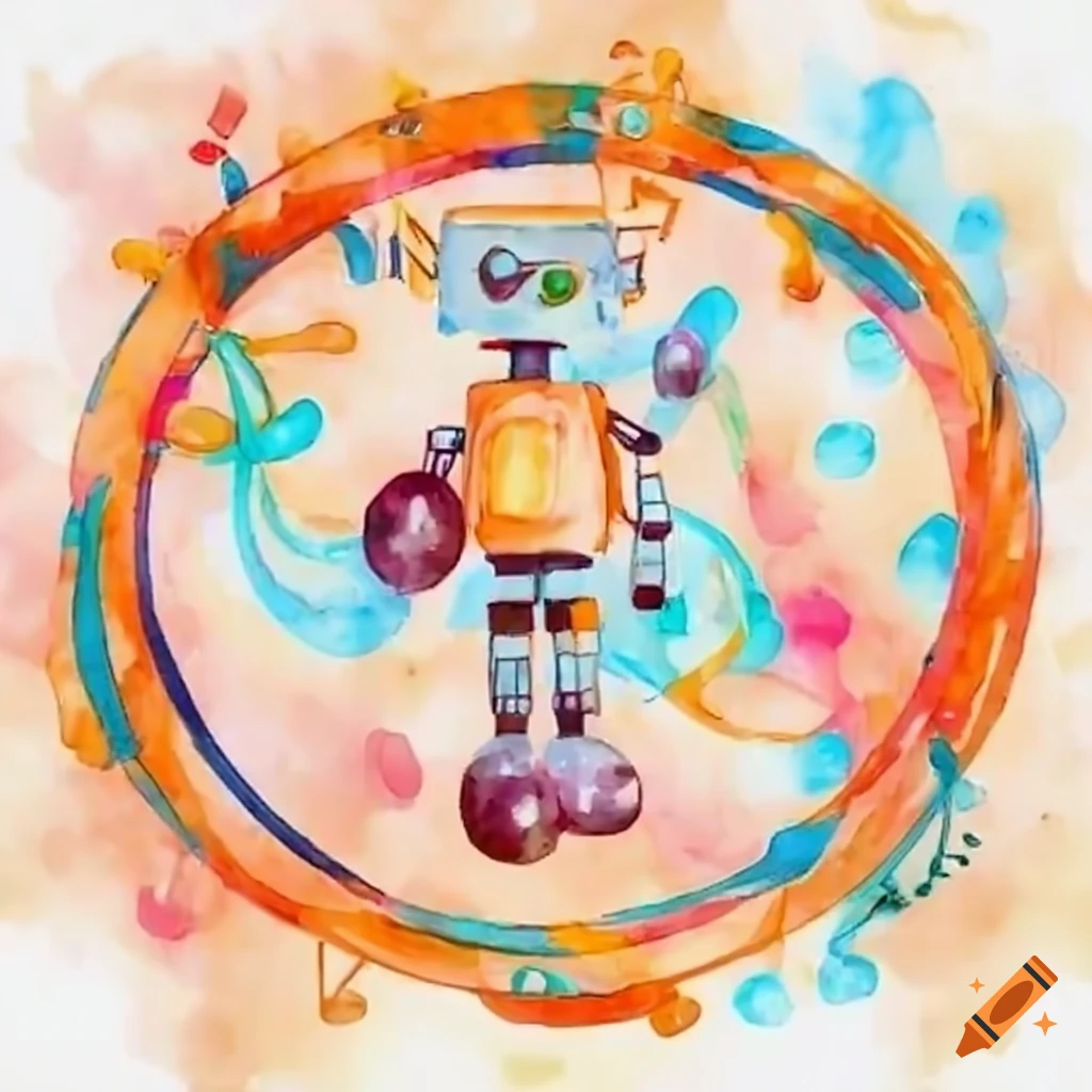 Orange hula hoops and music notes with a robot on Craiyon