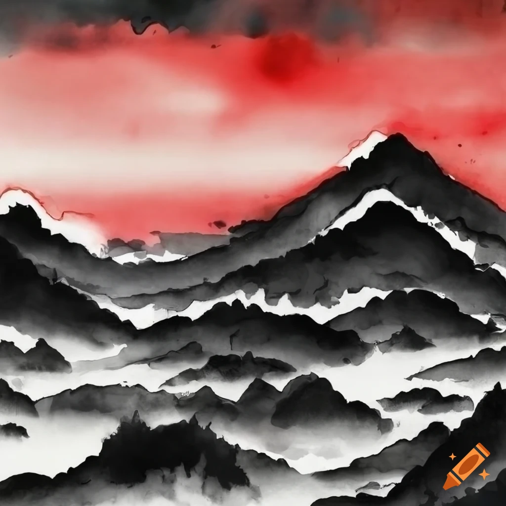 Japanese ink landscape with mountains in watercolor style on Craiyon