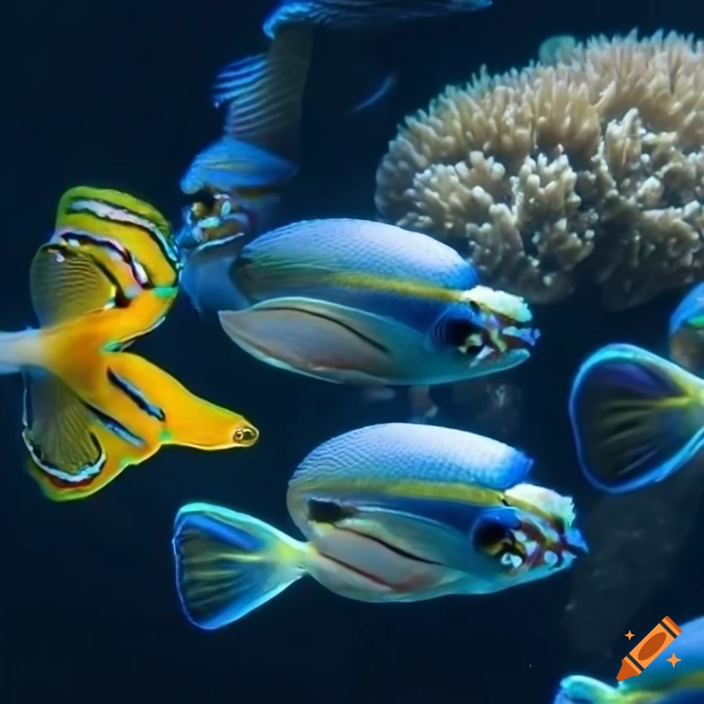 Group of fish in a hyper-sharp micro photorealistic underwater scene on ...