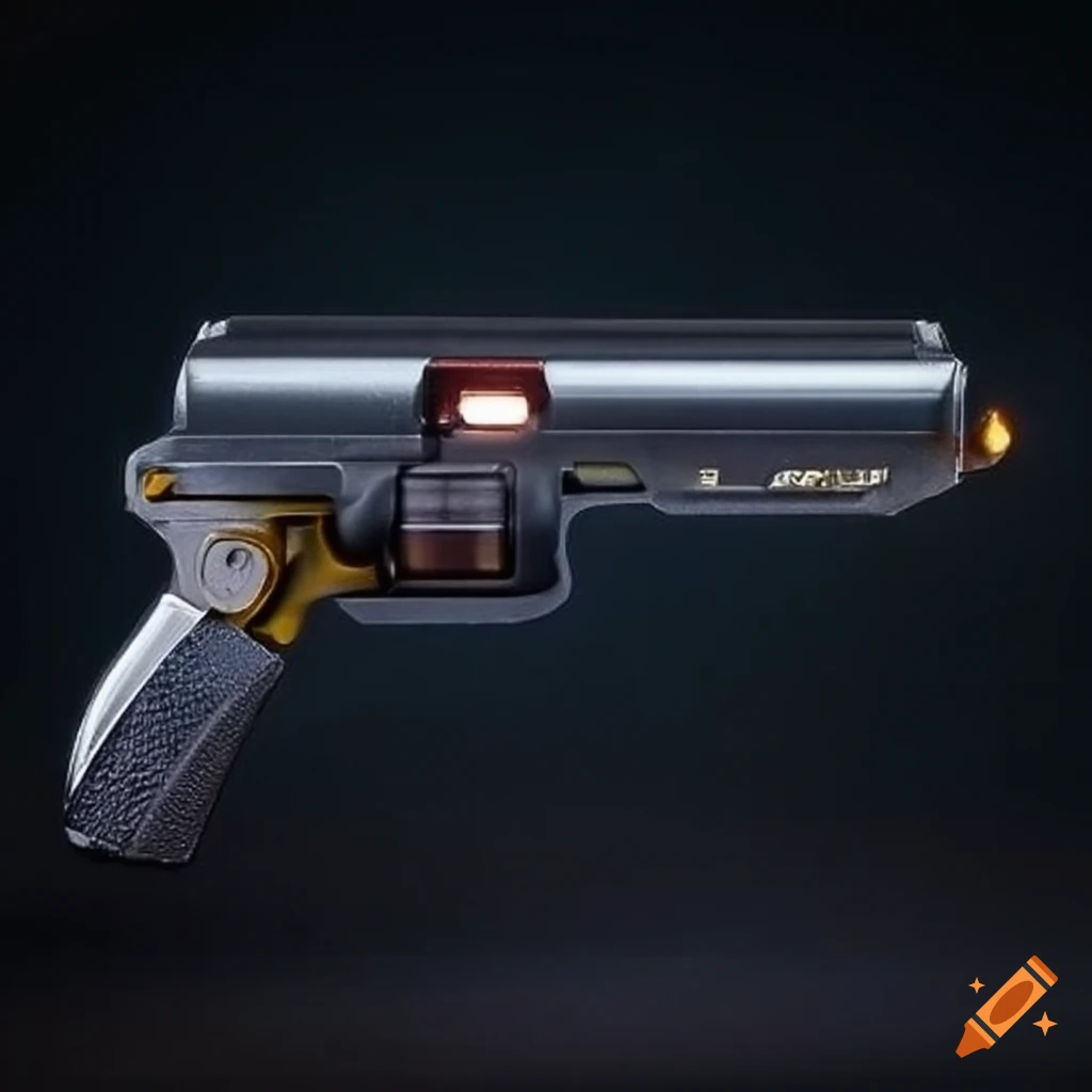 Retro-futuristic laser pistol with a small vial of liquid on Craiyon