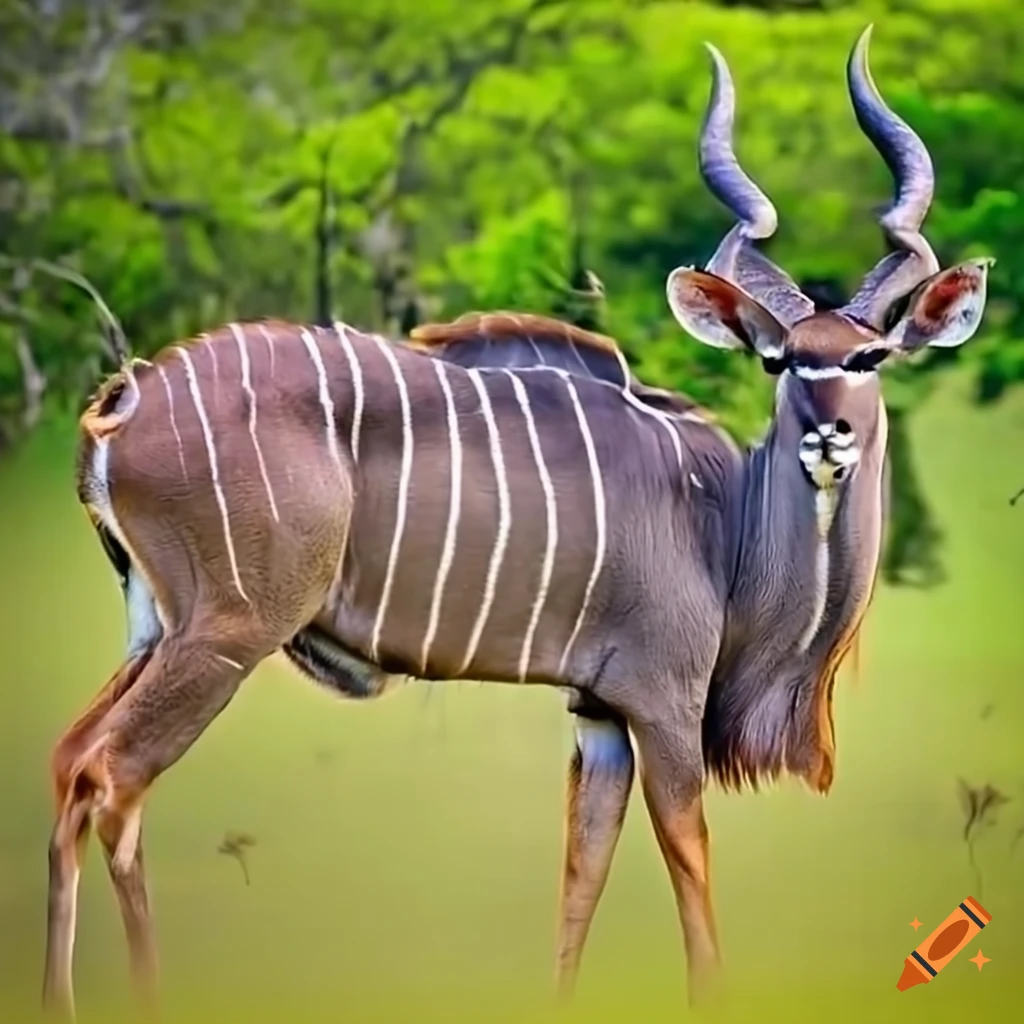Majestic african kudu bull in open savanna surrounded by green grass ...