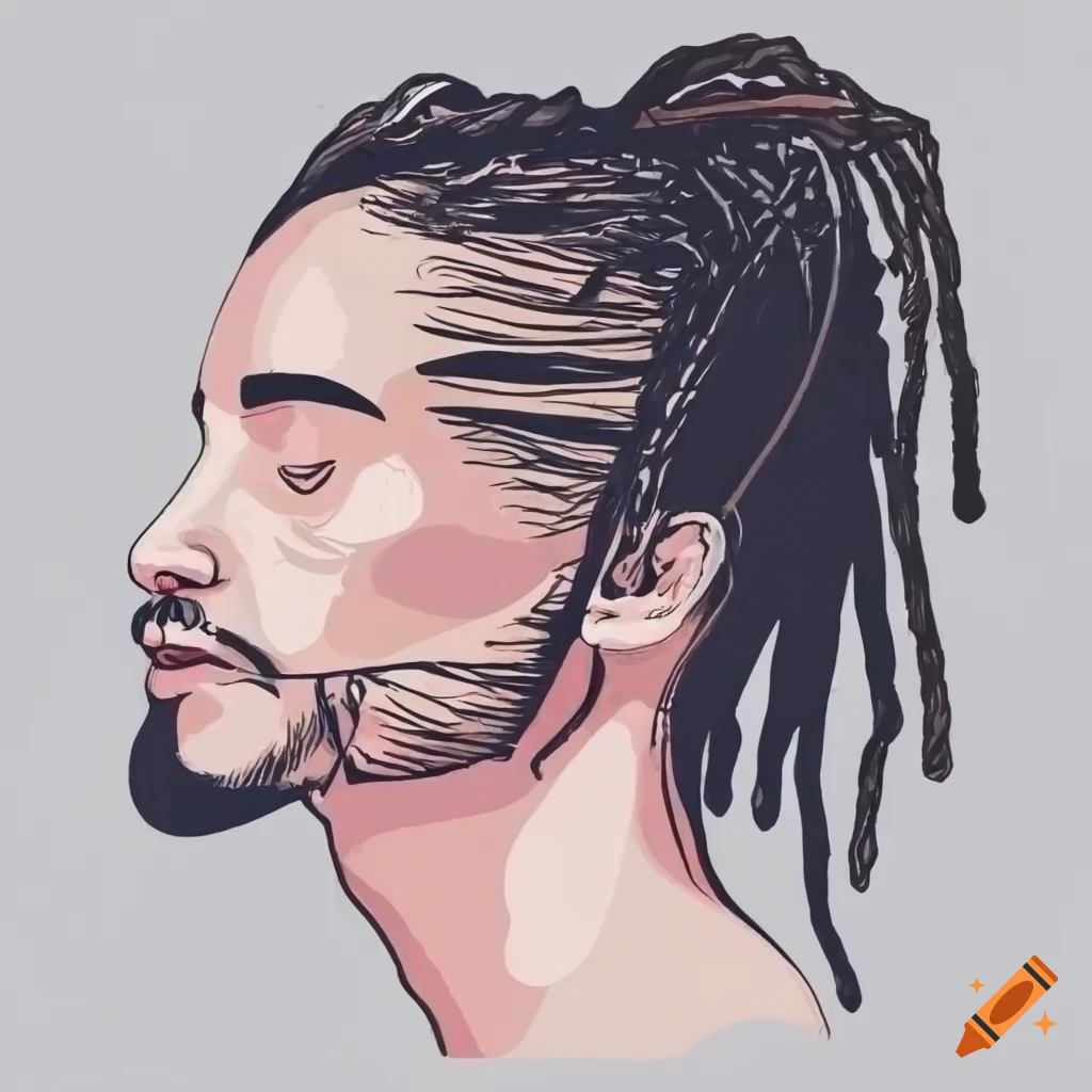 European man with dreads in tail pencil sketch on white background on ...