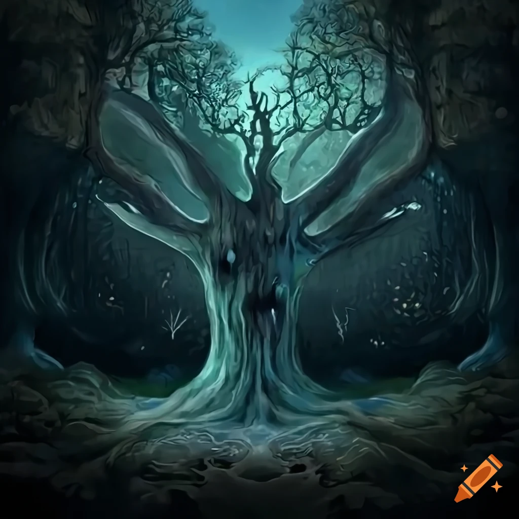 Tree spirit fantasy design with sharp contrasts and white edges on Craiyon