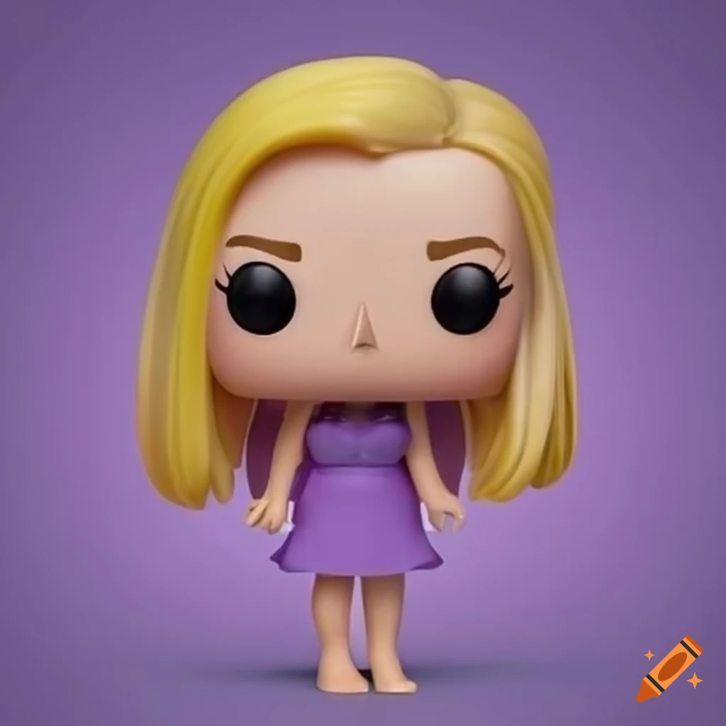 Smiling female Funko figure in a purple dress and necklace on Craiyon