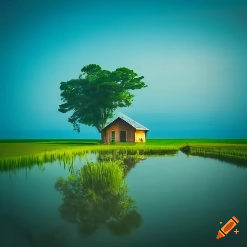 Small home beside a tree in the middle of a rice field from afar on Craiyon