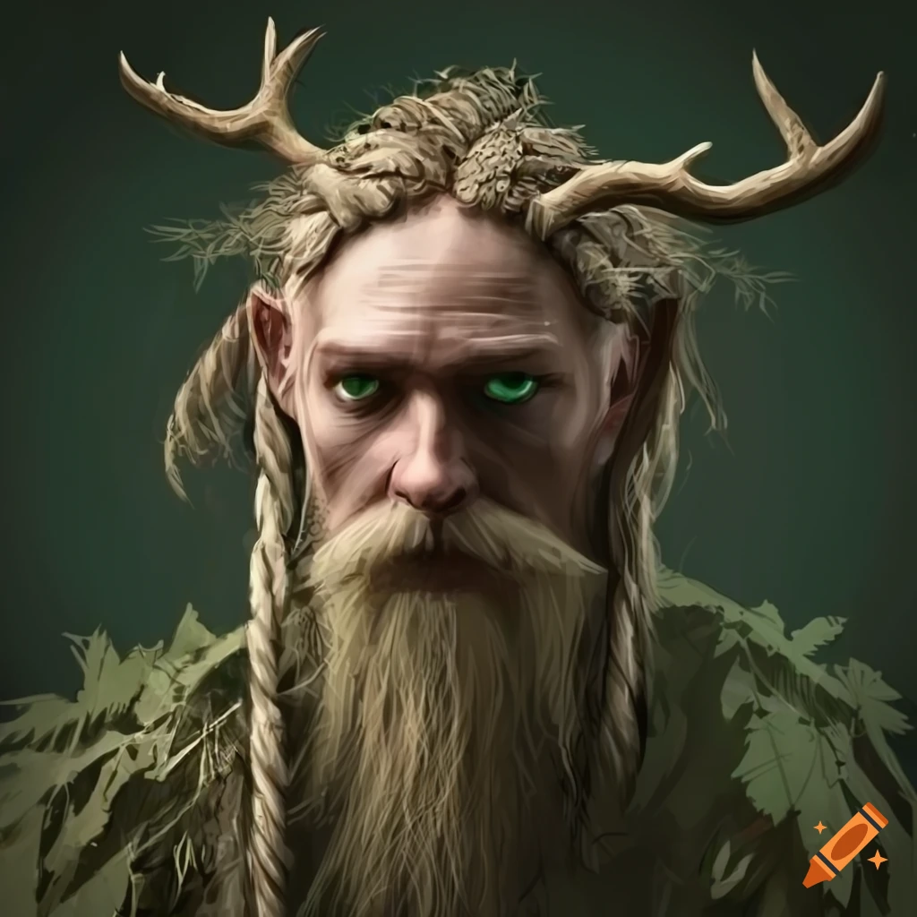 Mysterious druid man with braided hair and antlers wearing a leaf cloak ...
