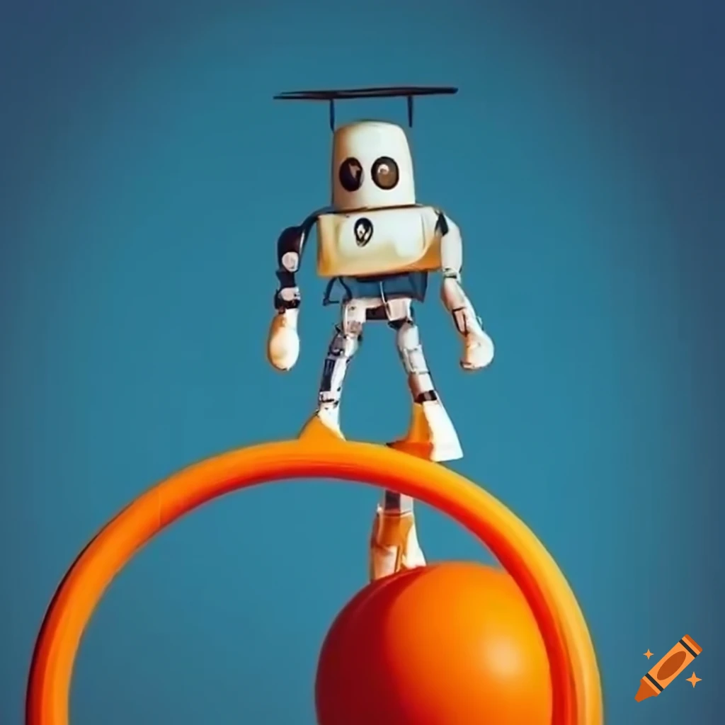Adorable robot spinning an oversized hula hoop in a colorful outdoor ...